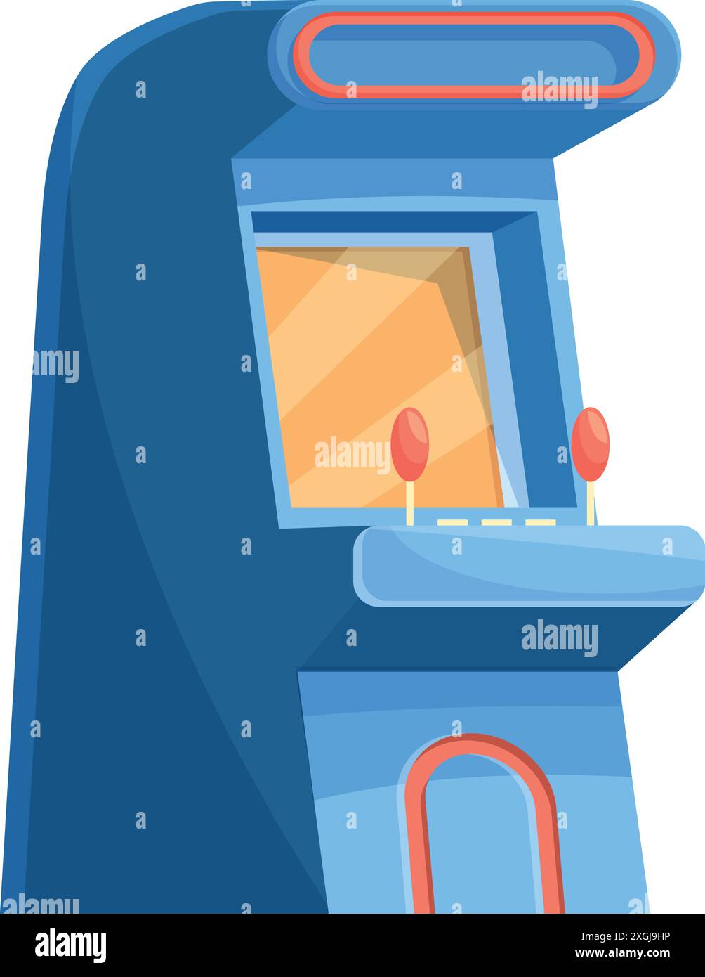 Blue arcade game machine with joysticks and screen standing on white ...