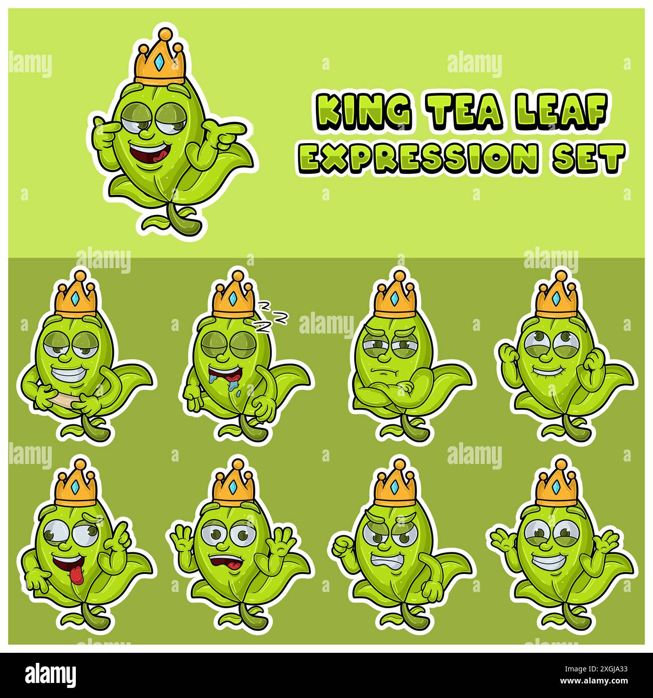Cartoon Mascot Of Tea Leaf Character with king and expression set ...