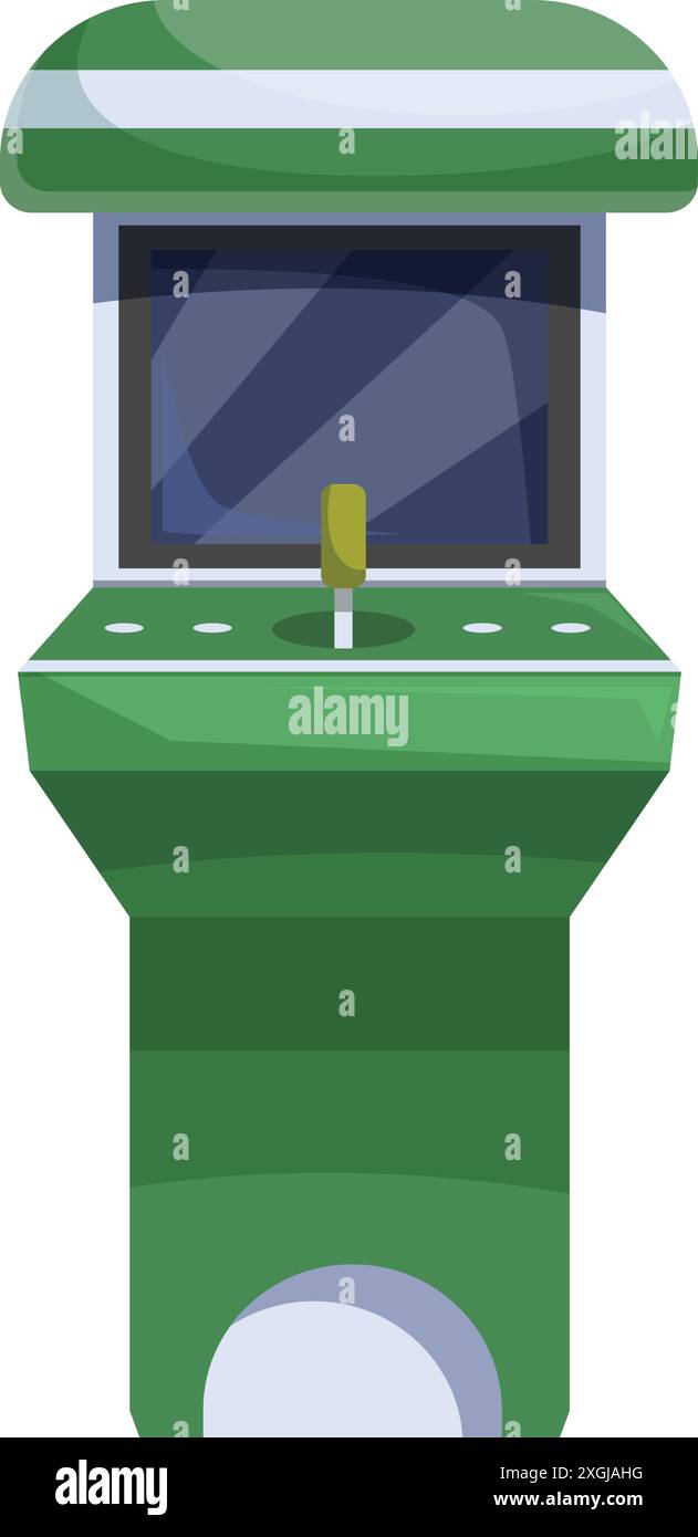 Green arcade game machine standing upright with a joystick and buttons, inviting players to ...