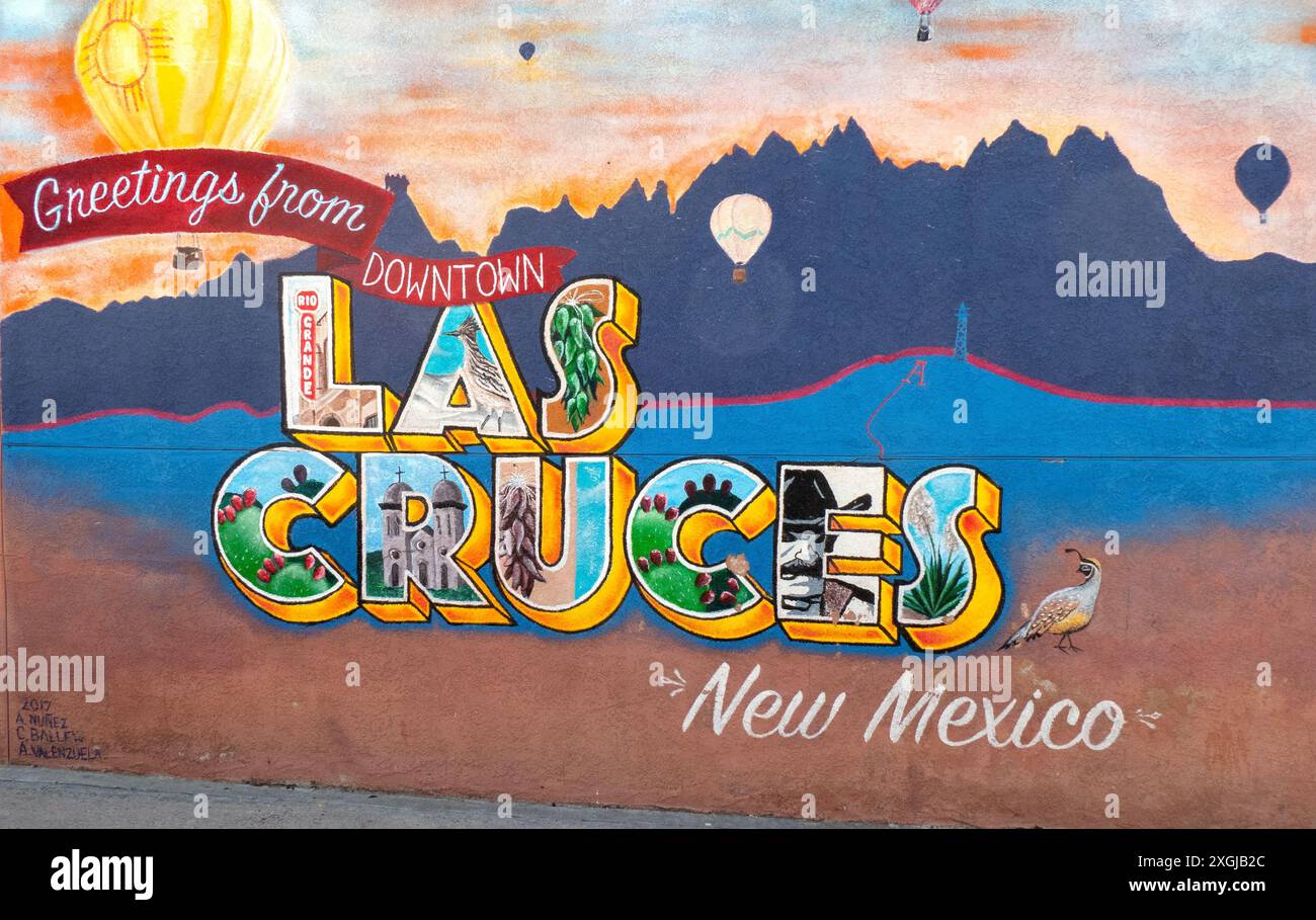 A colorful welcome sign painted on a building in downtown Las Cruces ...