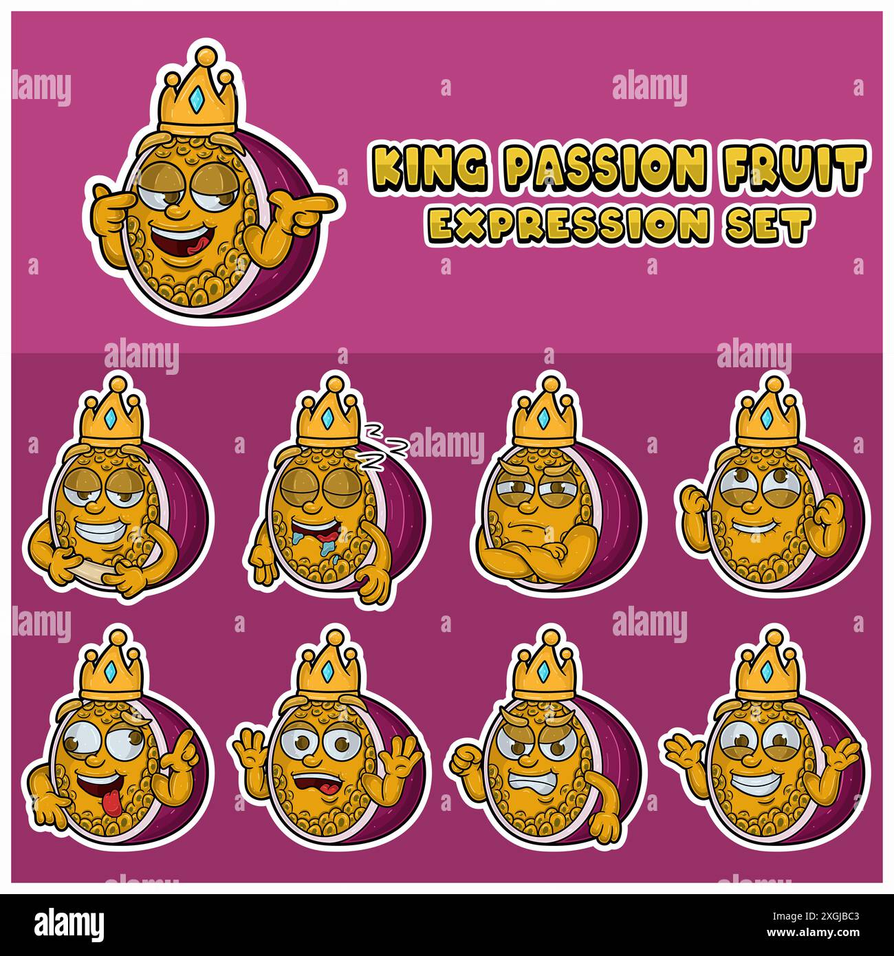 Cartoon Mascot Of Passion Fuit Character with king and expression set ...