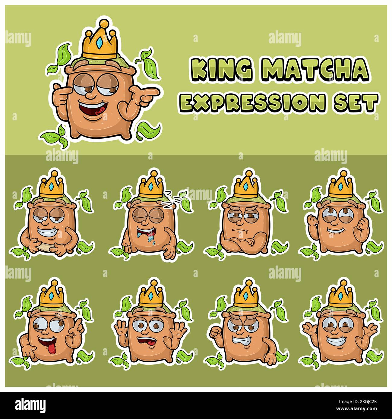 Cartoon Mascot Of Matcha Character with king and expression set. Vector ...