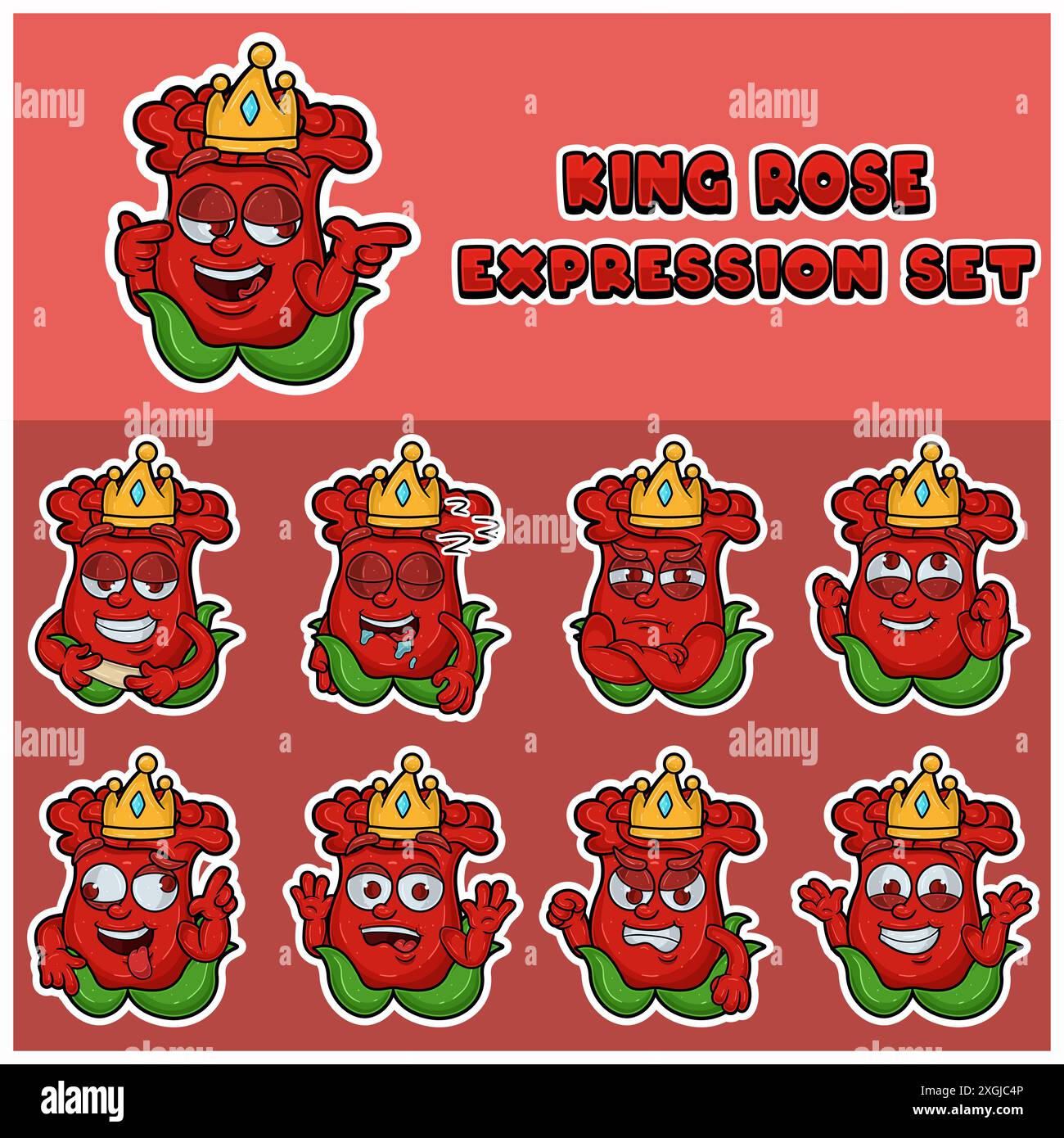 Cartoon Mascot Of Rose Character with king and expression set. Vector ...