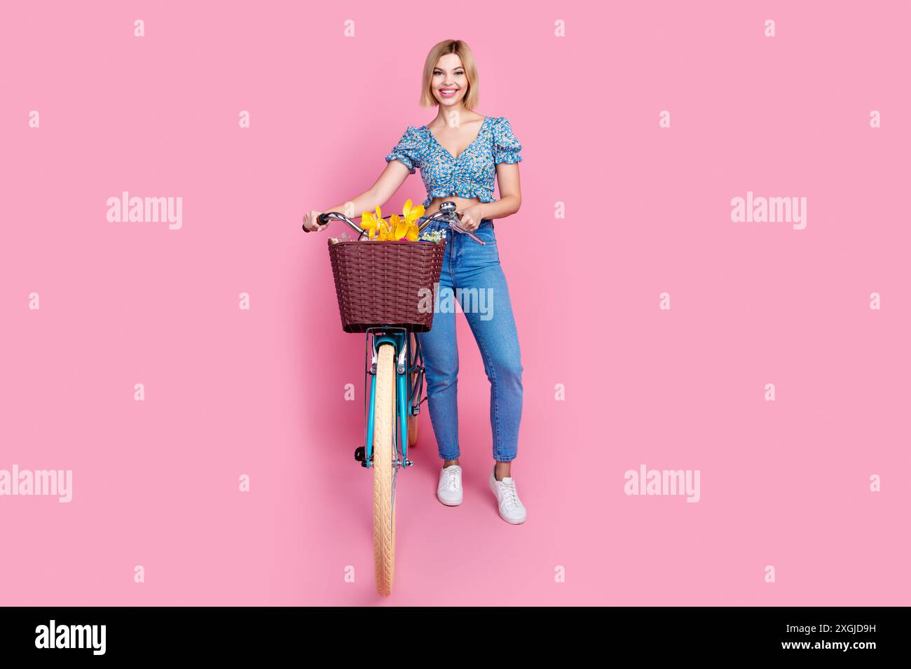 Full body portrait of nice young lady empty space bicycle wear top ...