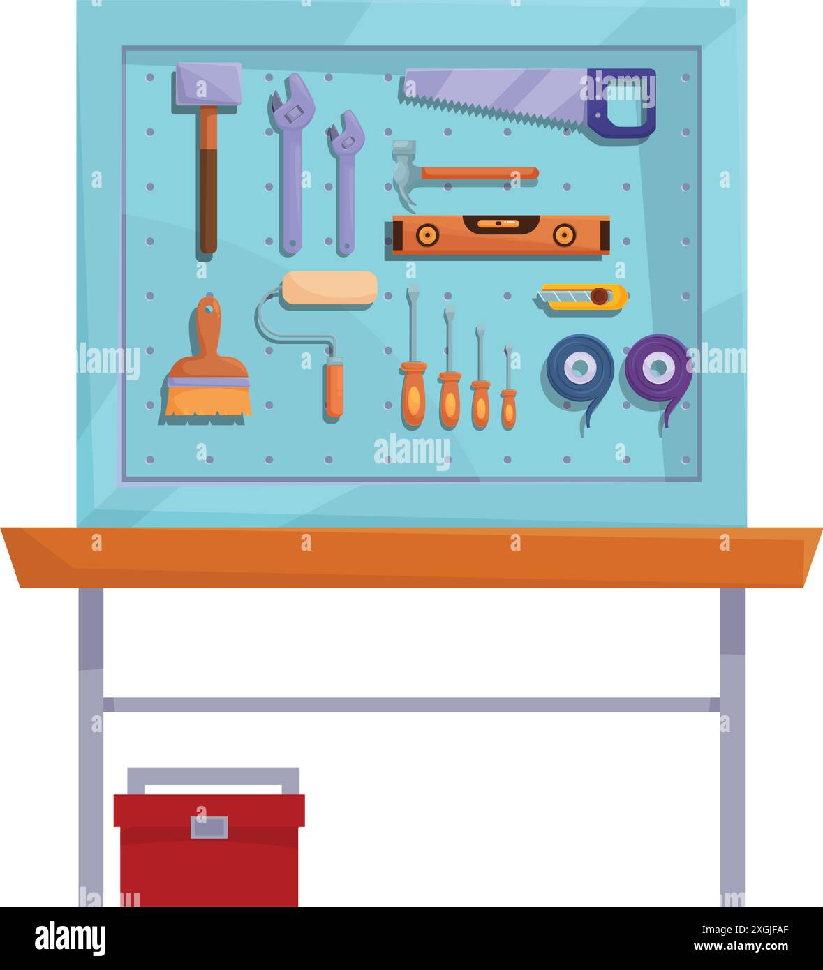 Tools for house repair hanging on a pegboard over a workbench Stock ...