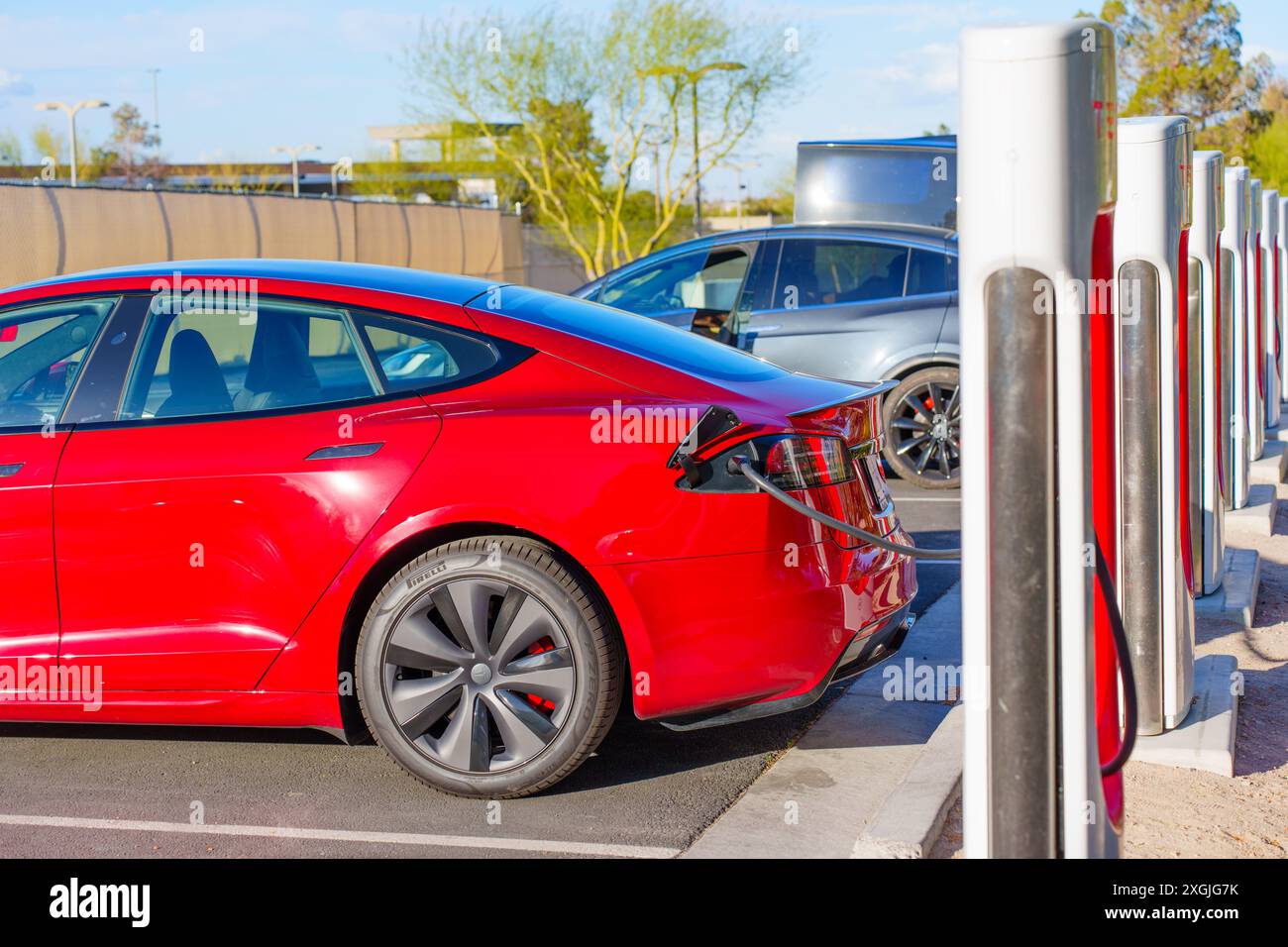 Los Angeles, California - April 15, 2024: Red Tesla Model S and another ...