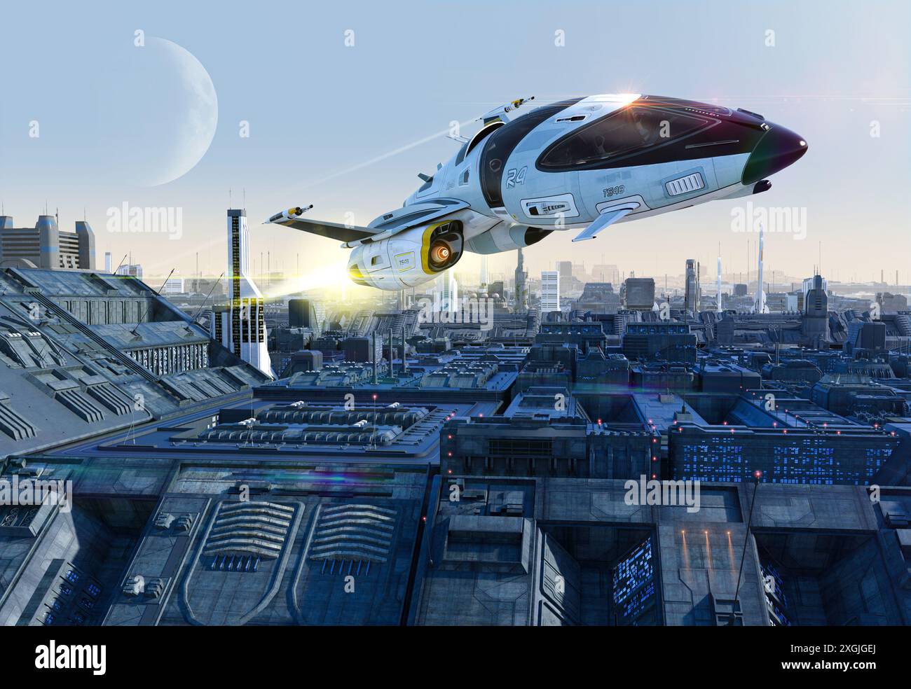A small futuristic spaceship flying across an industrial city landscape ...