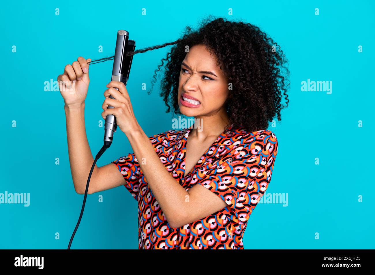 Photo of furious angry lady wear print shirt hating her curly hairstyle ...