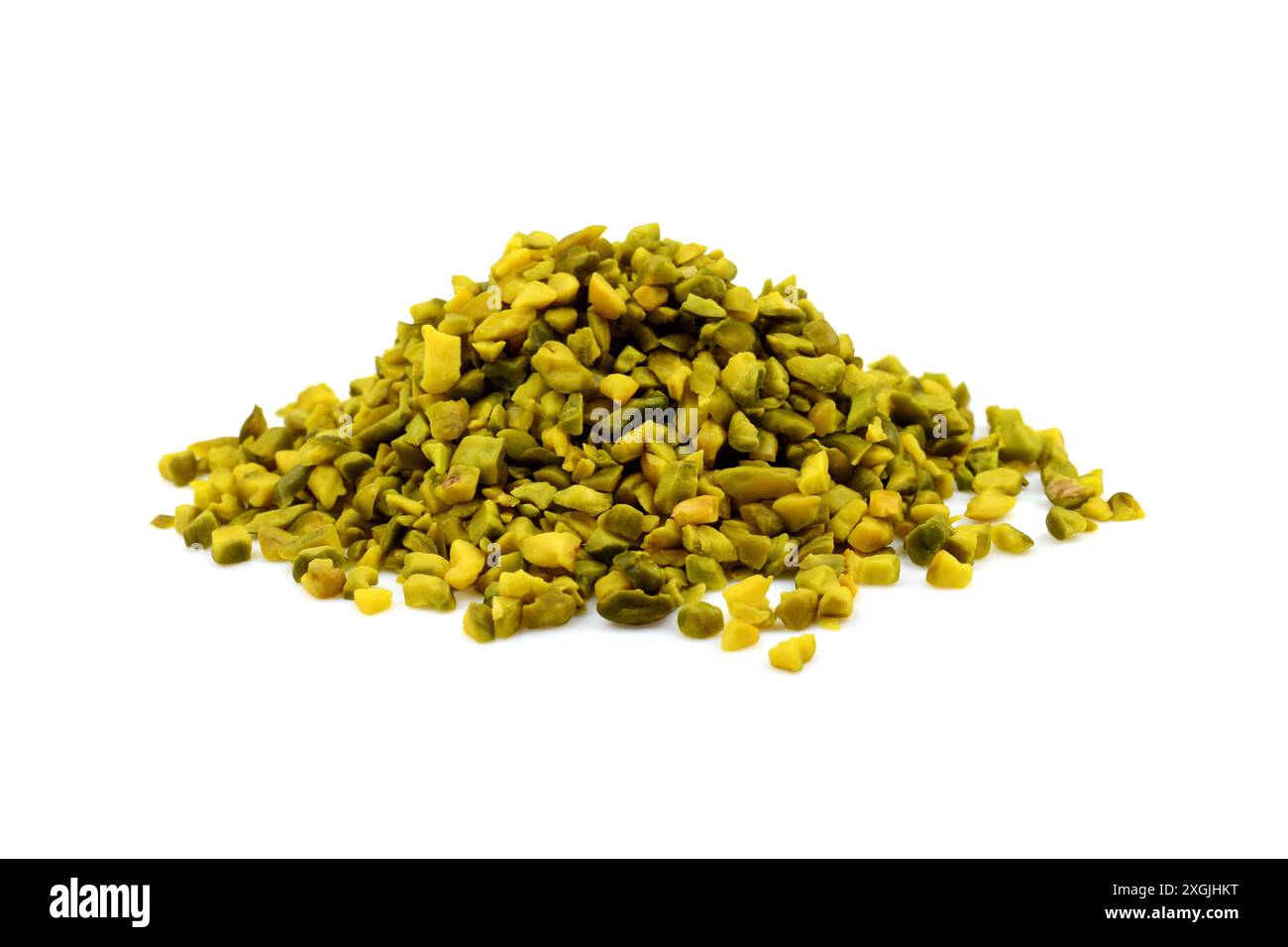 Ground, milled, crushed or granulated pistachio pile isolated on white ...