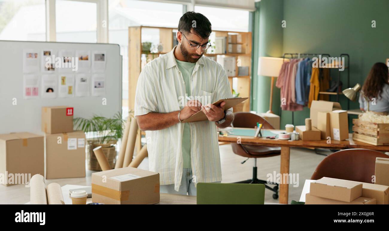 Logistics, small business and man with checklist for stock, clothes ...