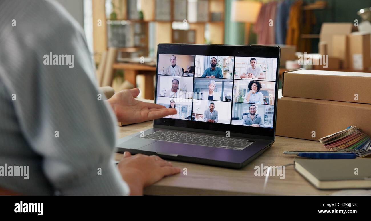 Boxes, online meeting and business people with laptop, planning and ...