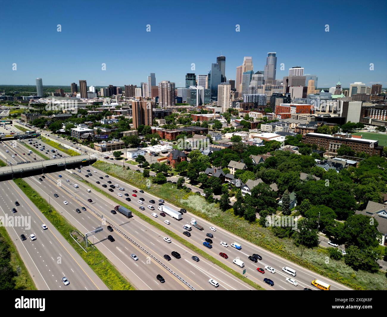 Aerial view above the interstate with the skyline of downtown ...