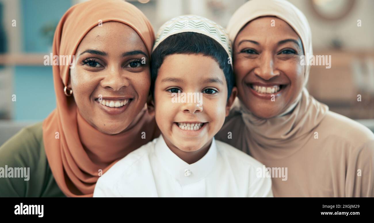 Muslim family, smile and portrait in home, together and happy for ...