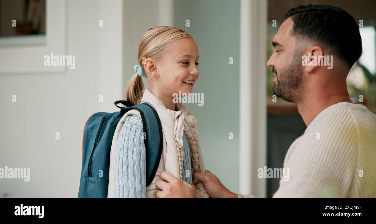 Home, backpack and father with girl, smile and prepare for school ...