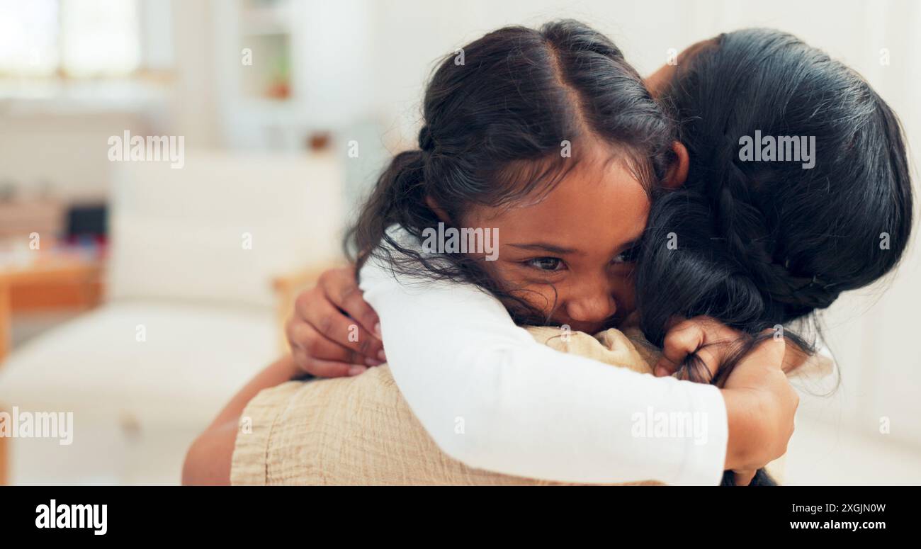 Mother, girl and child hug with love in home for childhood affection ...