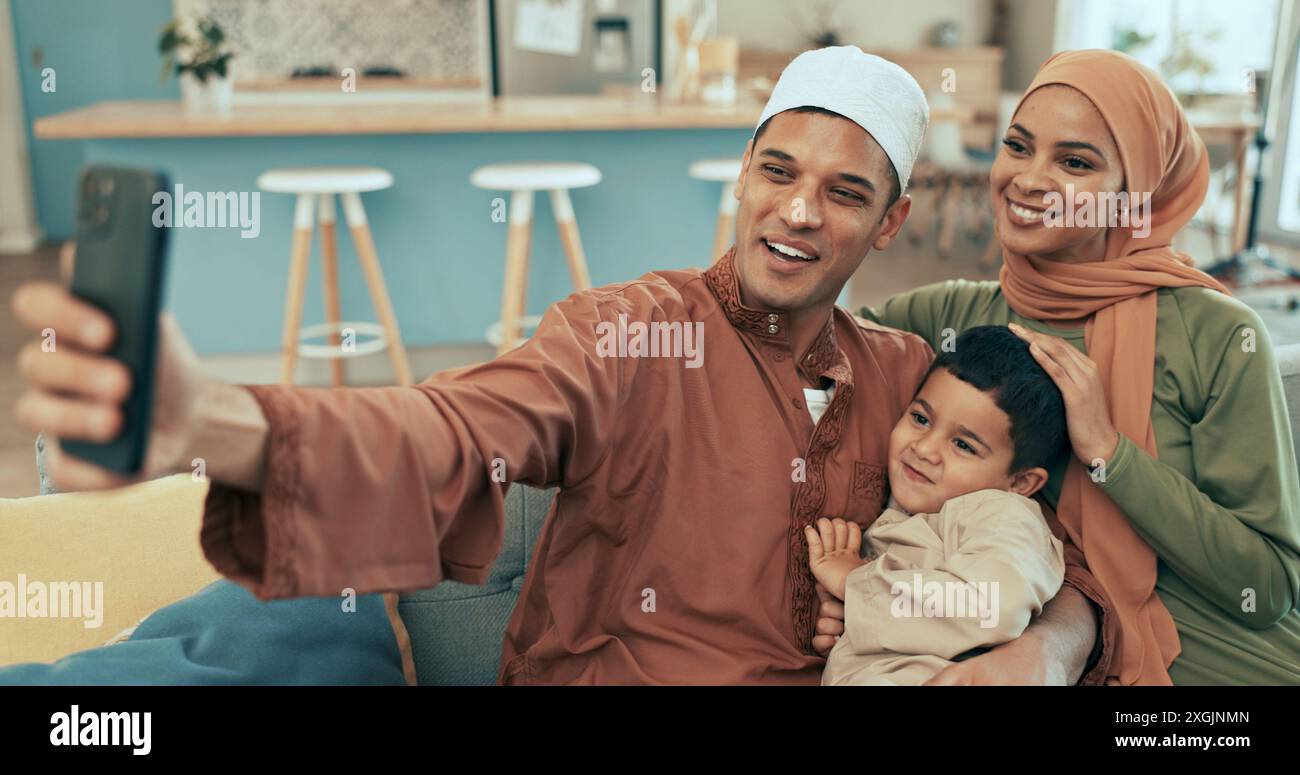 Muslim family, happy and portrait selfie on sofa, together and bonding ...