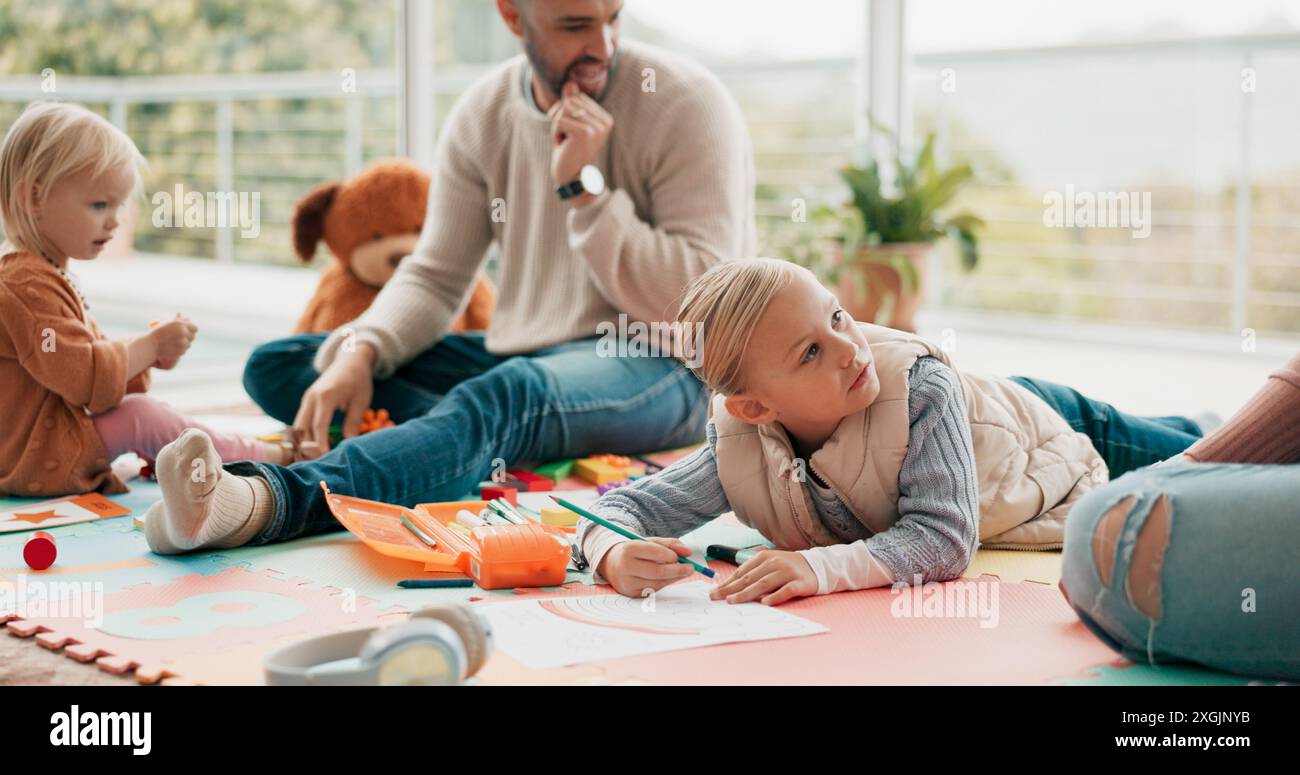 Children, parents and drawing for education on floor with family ...