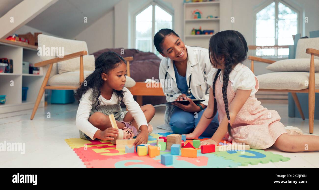 Healthcare, children and therapist for play therapy, session and ...