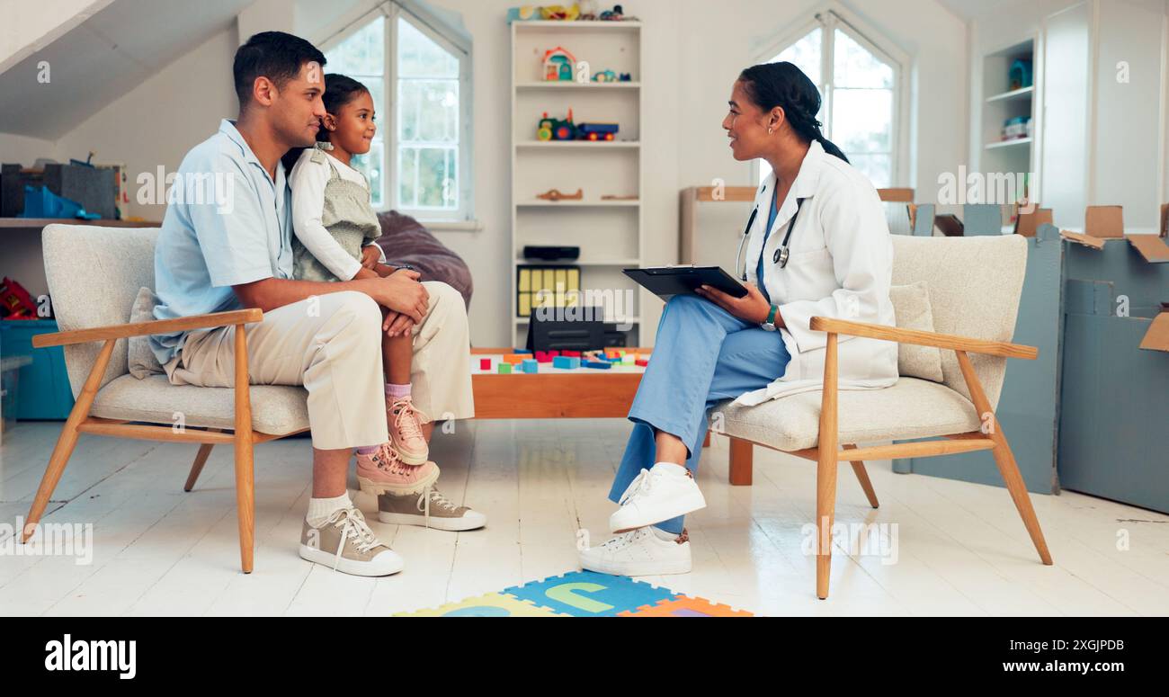 Healthcare, father and child with therapist for consultation, development and behavior progress ...