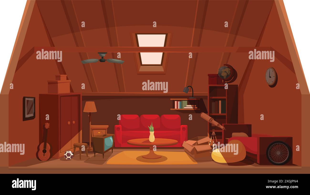Attic room interior with wooden roof beams featuring retro furniture ...