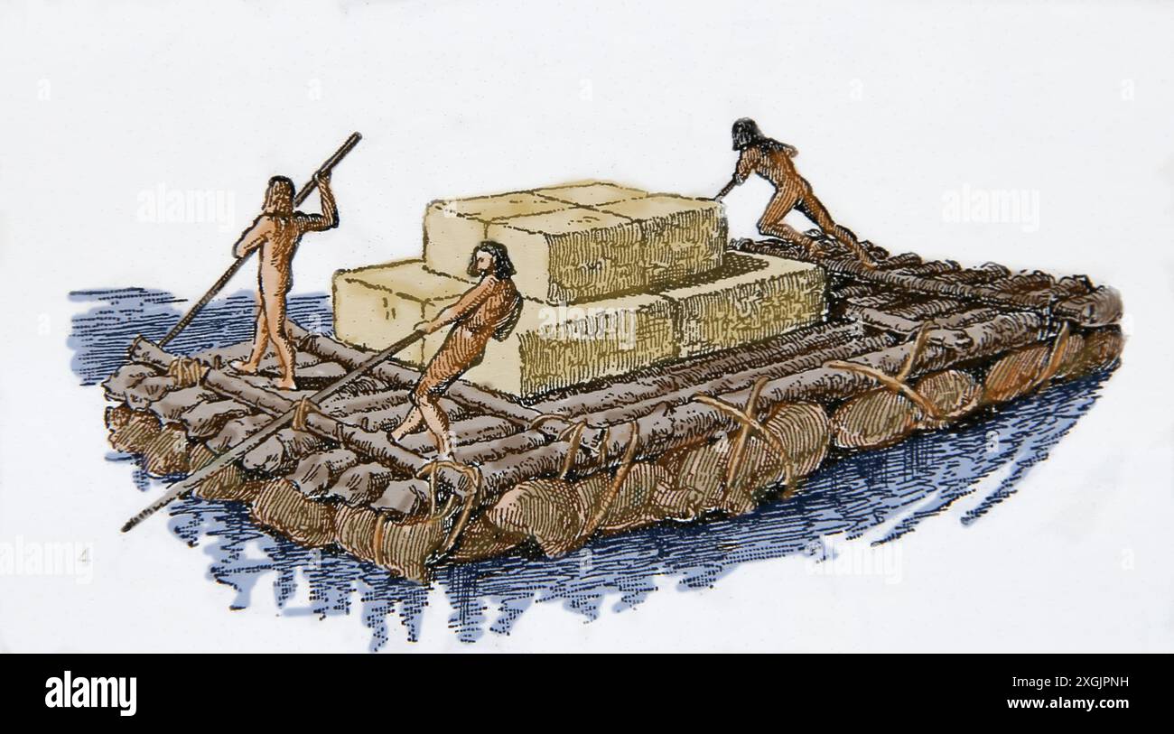 700 BC. Assyrian raft with inflated skins. Assyrian kelek. Engraving ...