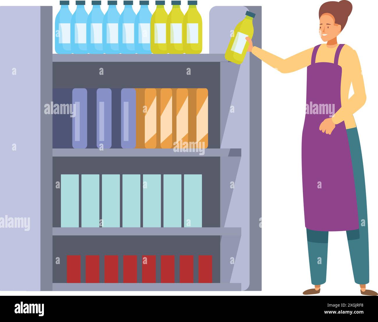 Supermarket employee wearing apron placing product on shelf, working in ...