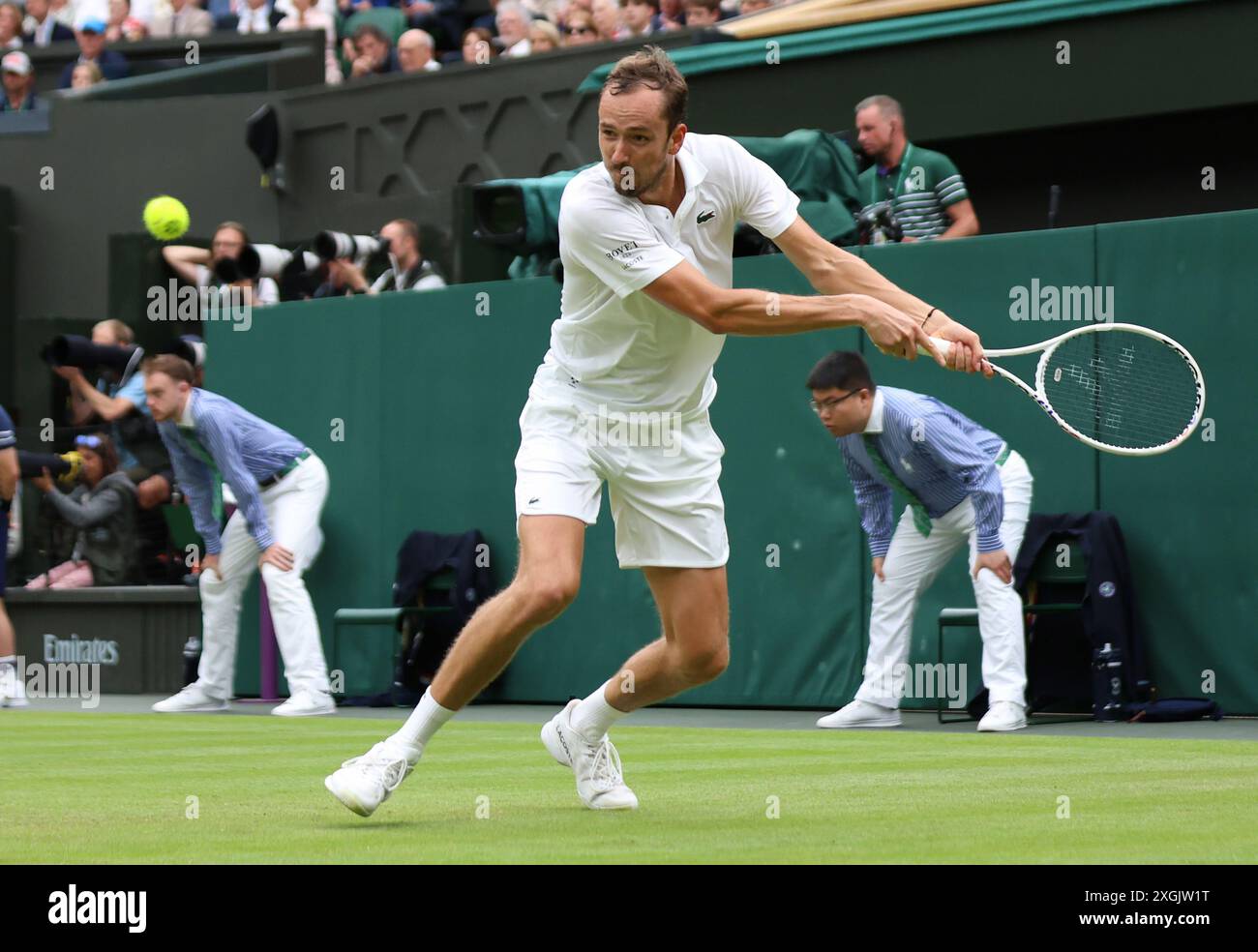 London, UK. 09th July, 2024. Daniil Medvedev plays a backhand in his ...