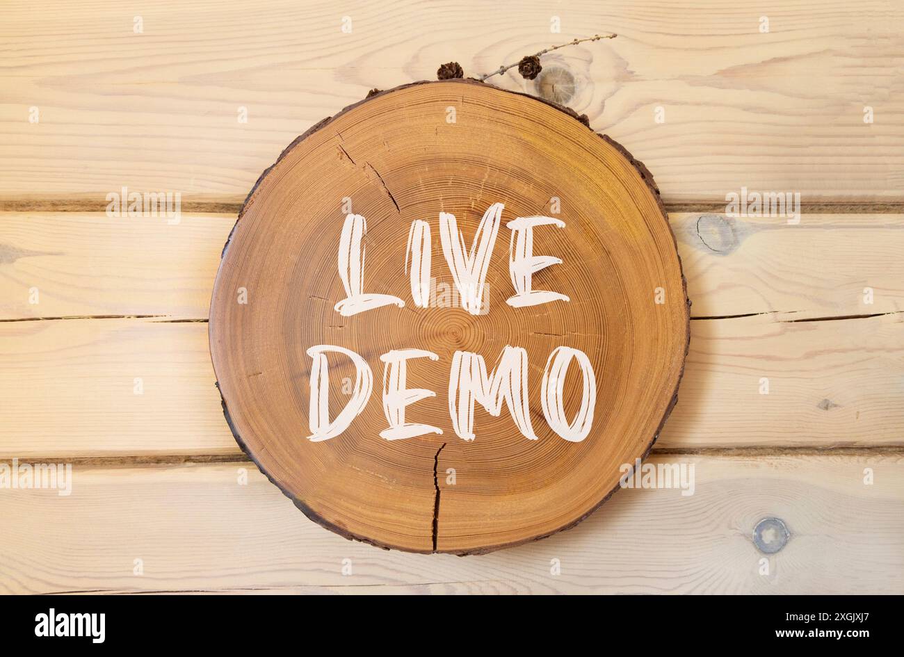Live demo symbol. Concept words Live demo on beautiful wooden circle ...