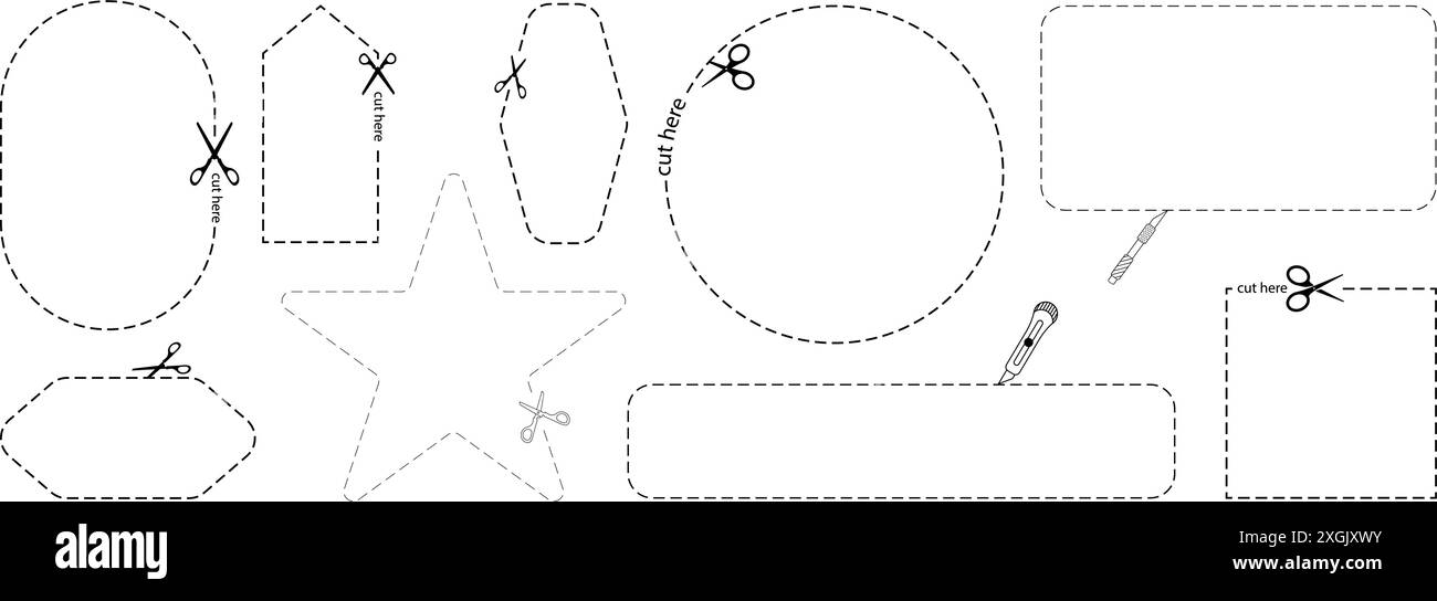 Cut here icon. Set of scissors cutting shape, paper cut here icon with ...