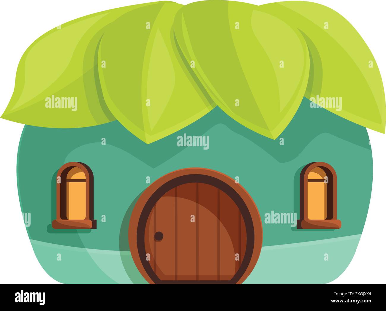 Green fantasy house with leaf roof standing in clearing and waiting for ...