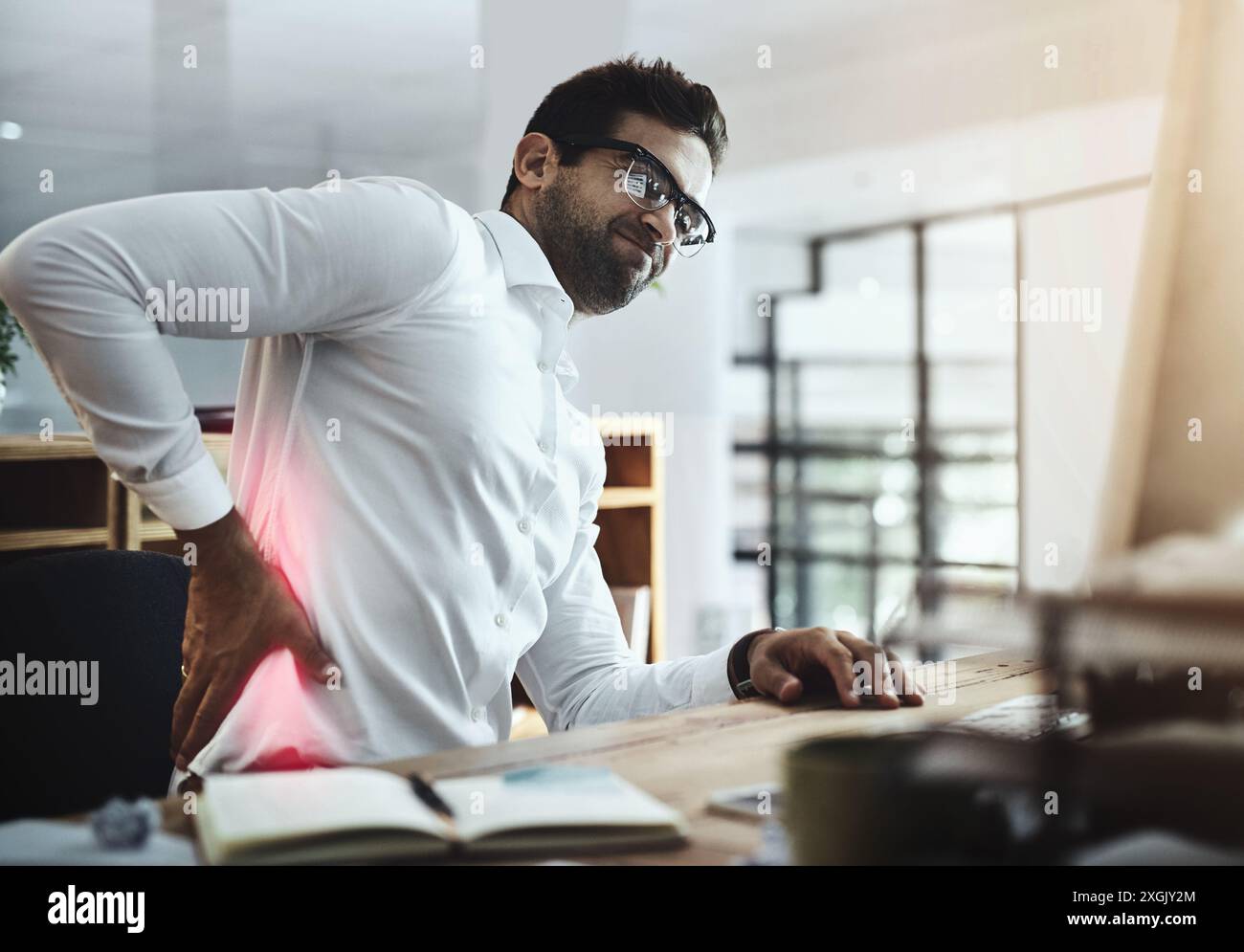 Stress, fatigue and man in office with back pain, ergonomic strain and ...