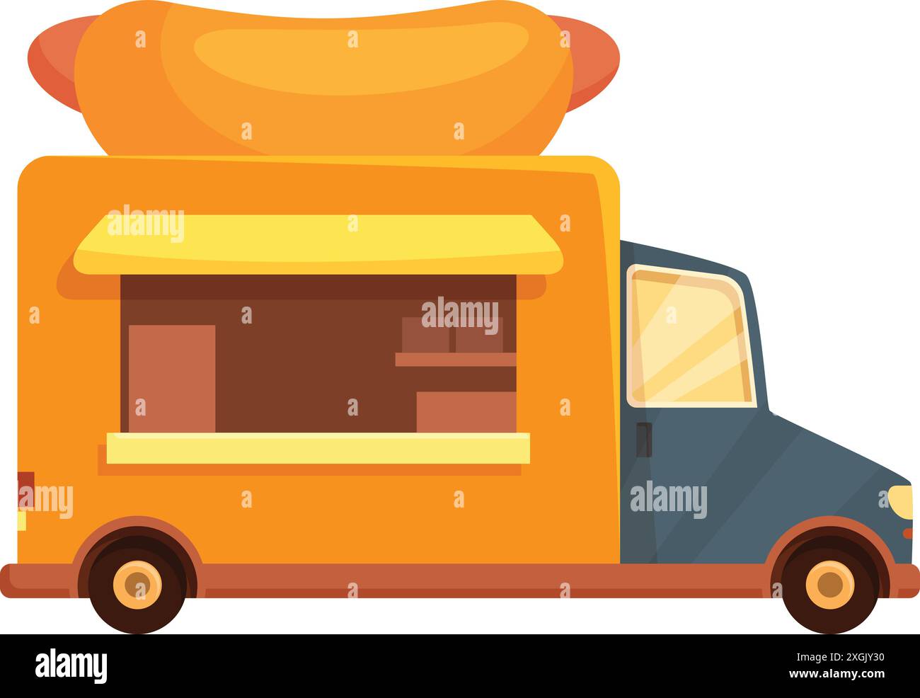 Cartoon style food truck selling hot dogs on the street with big ...