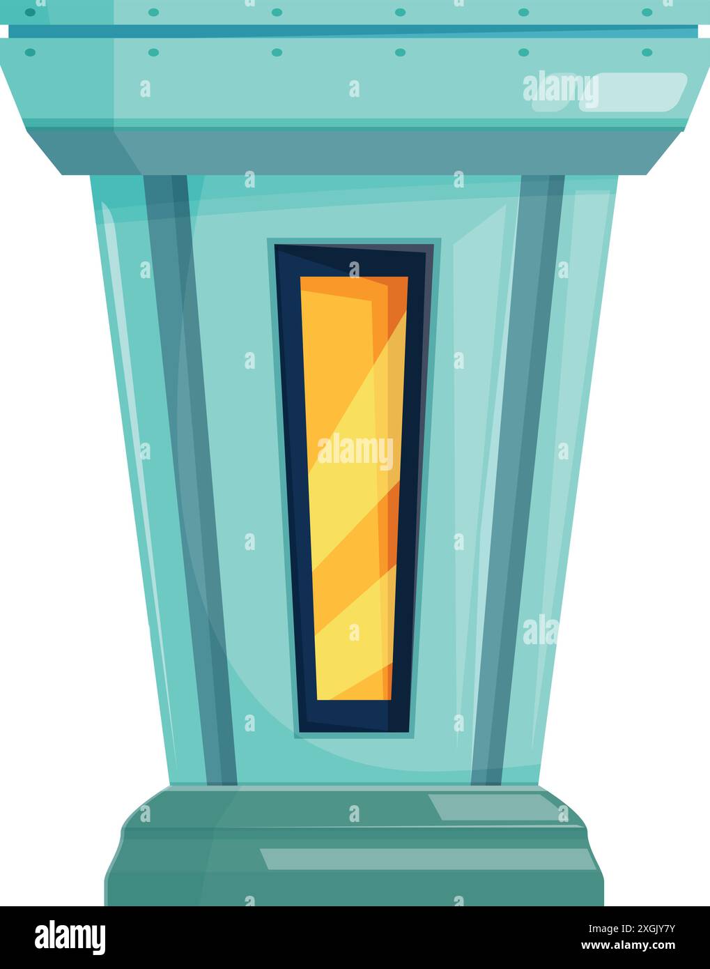 Cartoon style turquoise concrete tribune with yellow window glowing ...