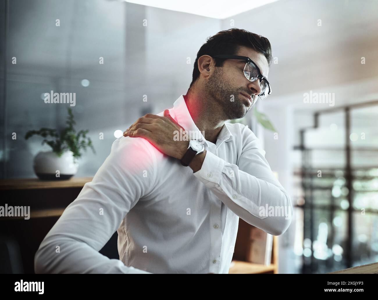 Health, fatigue and man in office with shoulder pain, ergonomic stress ...