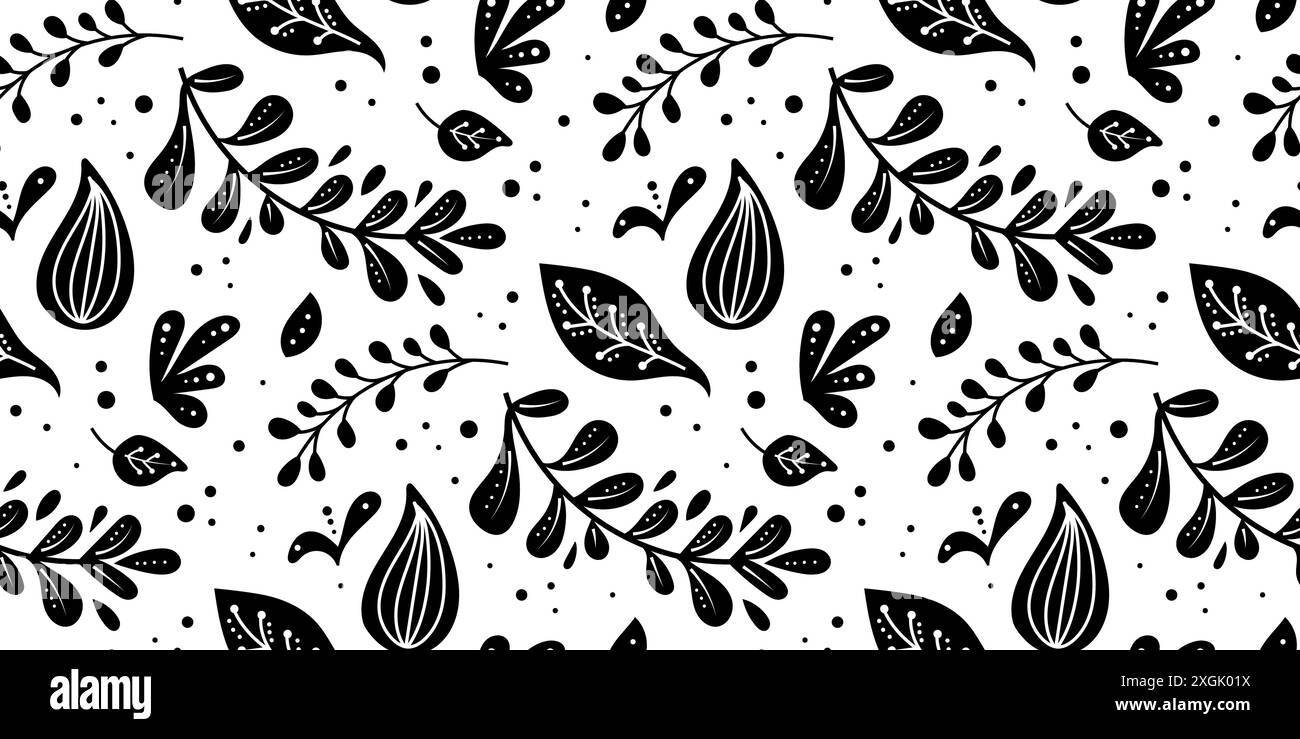 Seamless neo folk art vector pattern with flowers, black and white ...