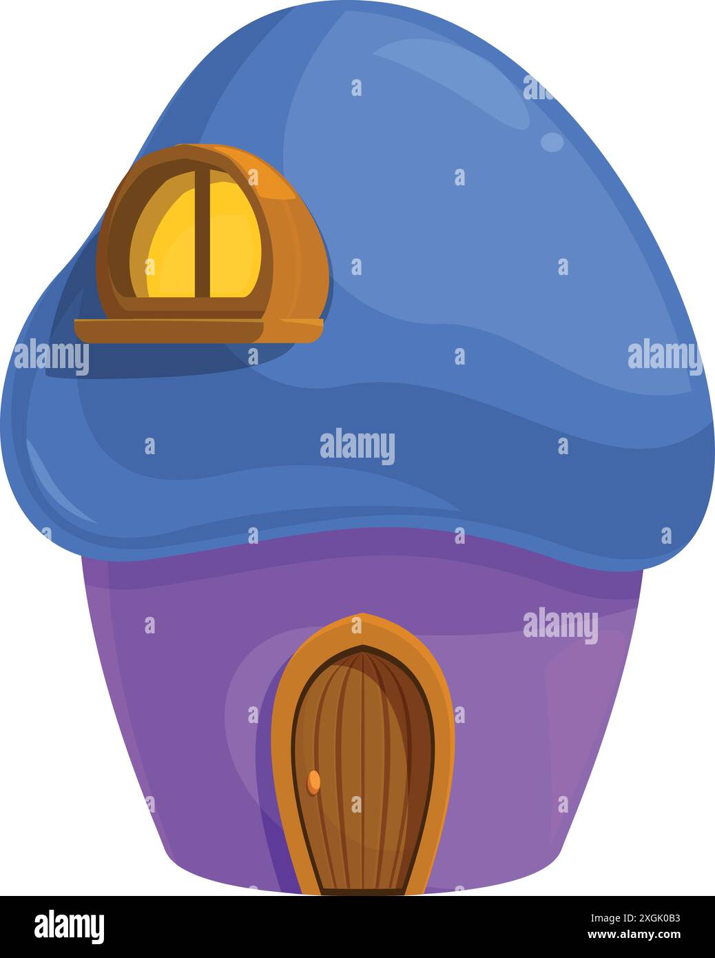 Whimsical illustration of a purple mushroom house with a blue roof and ...