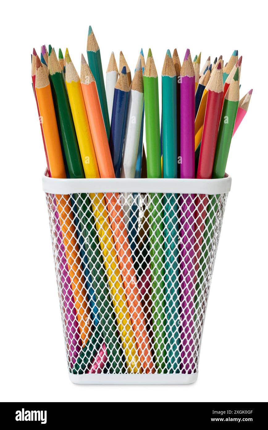Colored pencils bucket isolated white background Stock Photo - Alamy