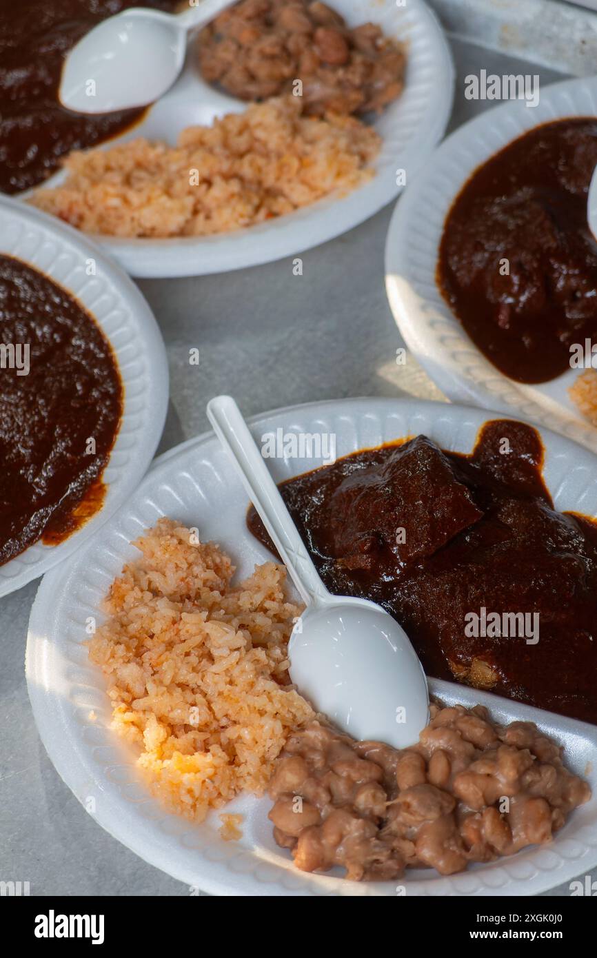 Traditional Mexican Mole Rojo served with rice and refried beans ...