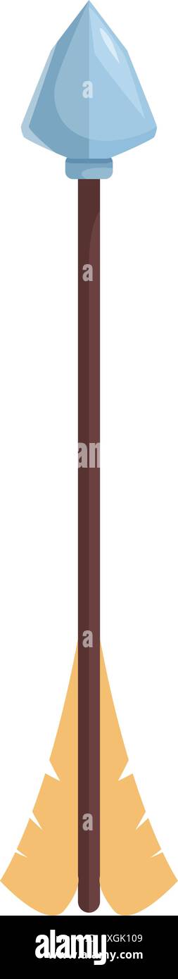 Cartoon style ancient wooden arrow with feathers pointing up isolated ...