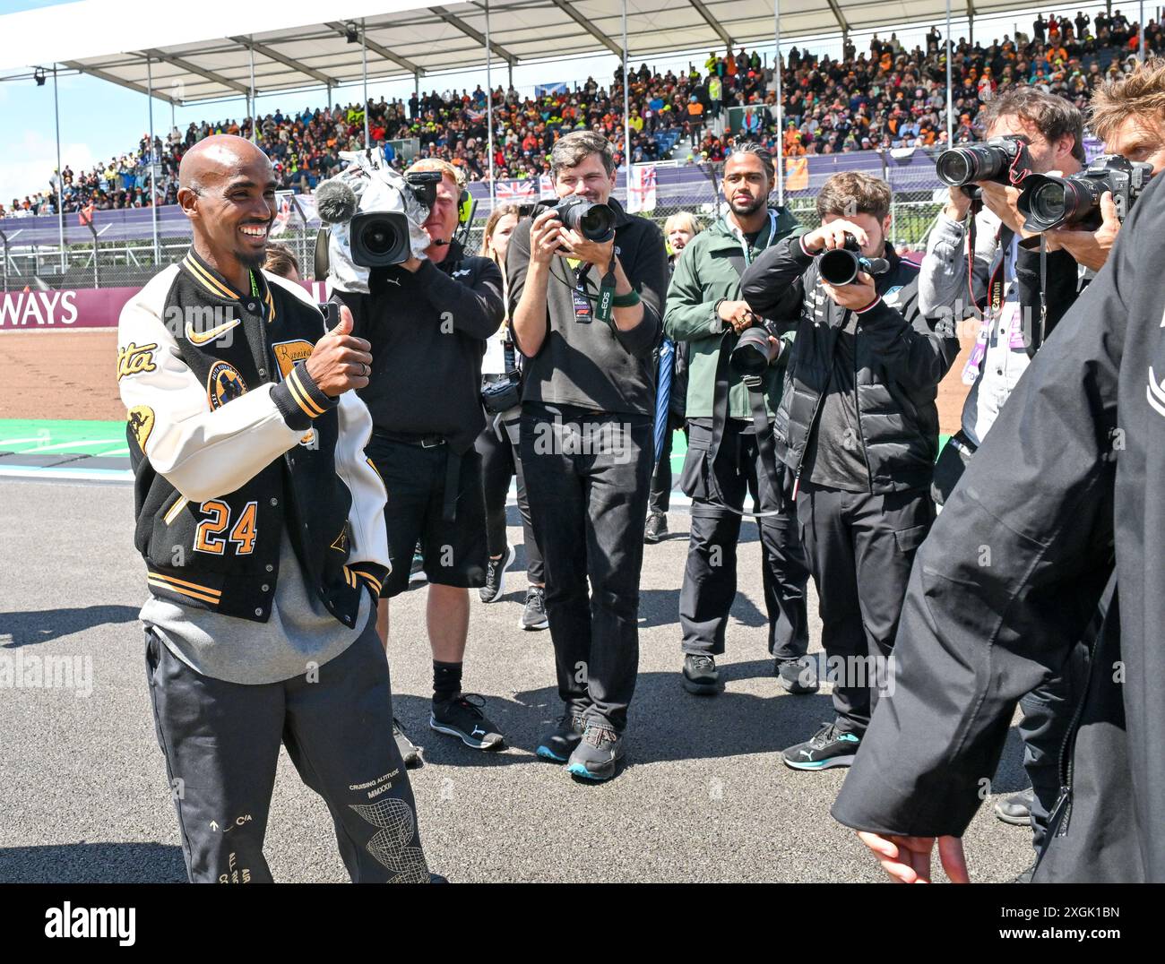 Towcester, UK. 07th July, 2024. Sir Mo Farah meets with Lewis Hamilton ...