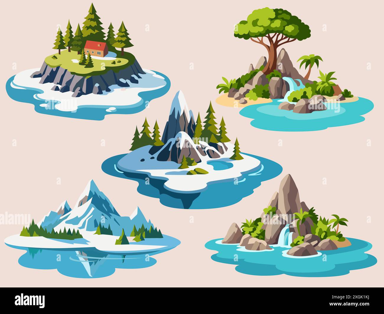 Cartoon northern and tropical islands. Isolated land pieces with trees ...