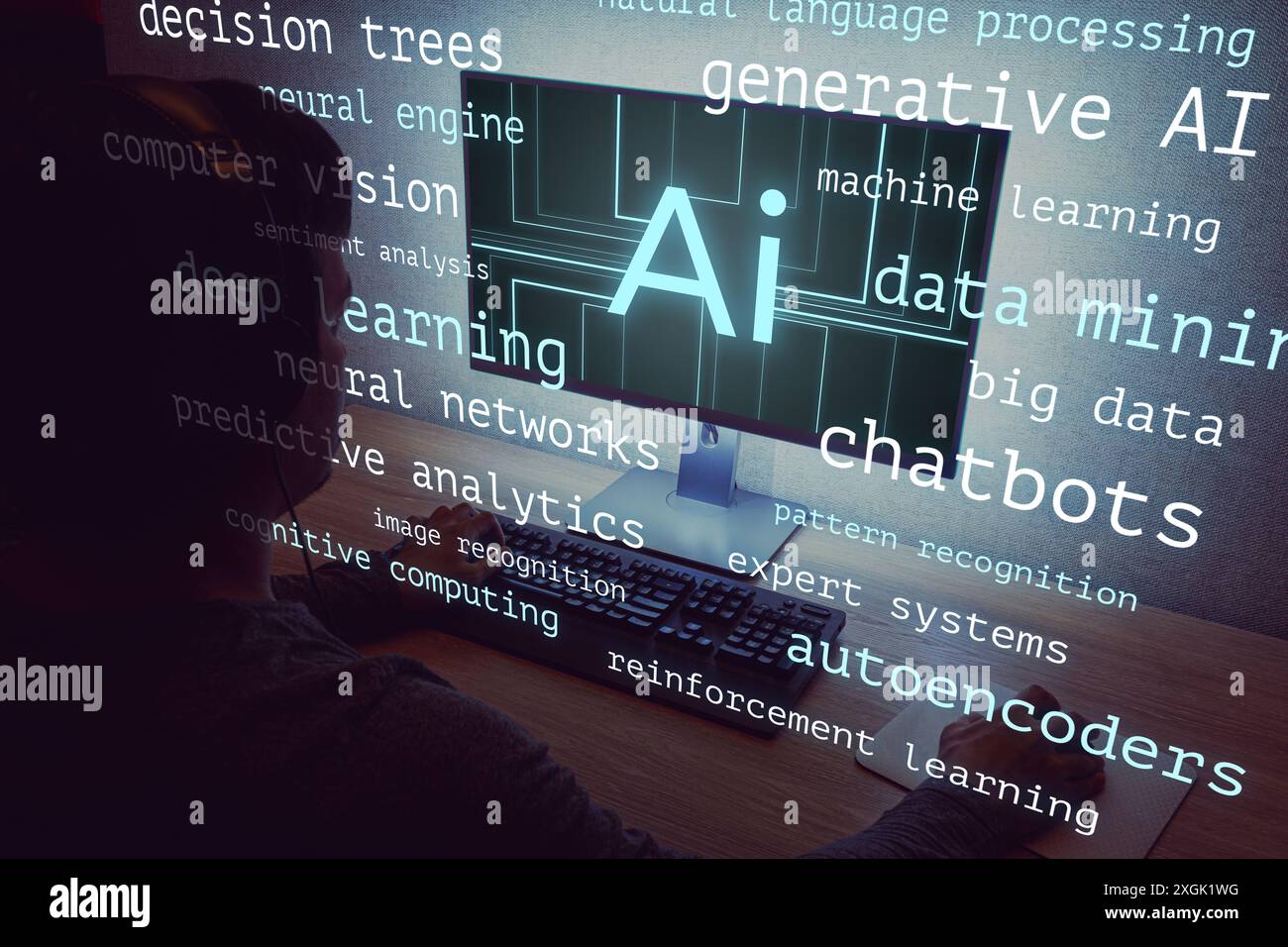 Display of computer monitor showing clouds of AI tags. Concept of modern neural networks, big ...