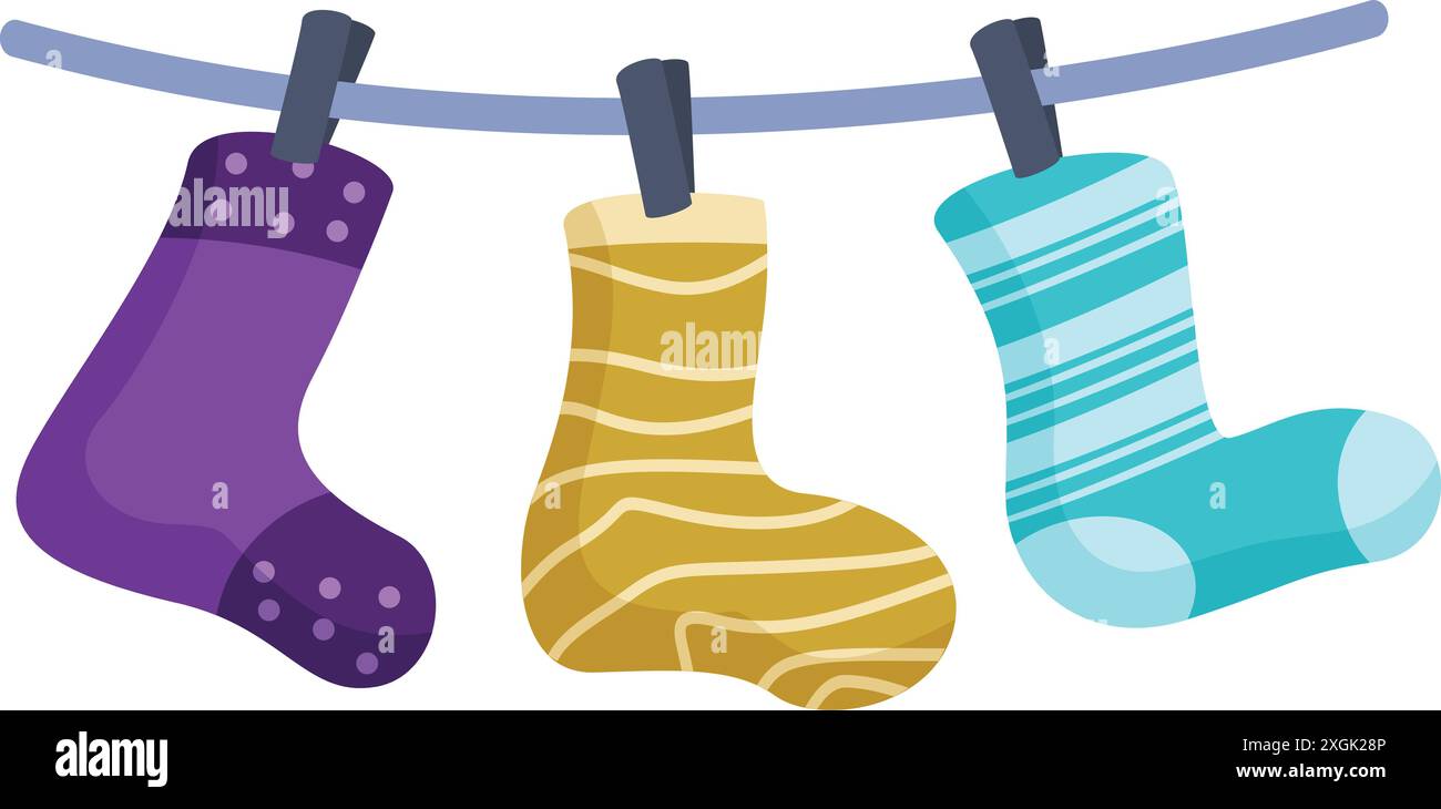 Three colorful socks are hanging on a clothesline and drying after ...