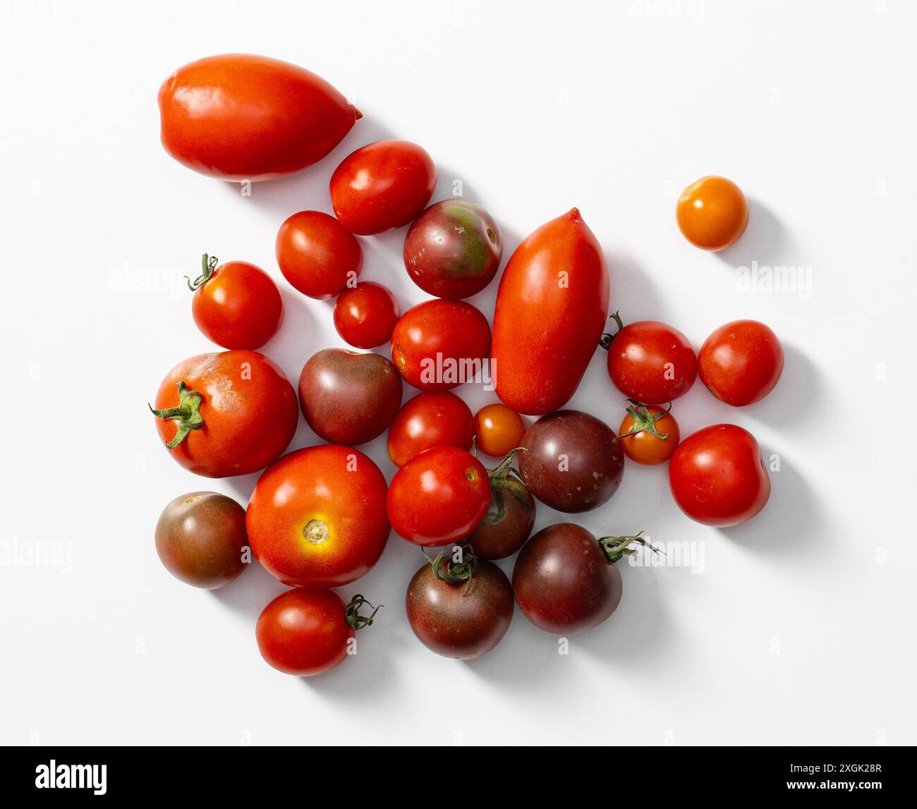 Top view of an assortment of fresh tomatoes of various sizes and colors ...
