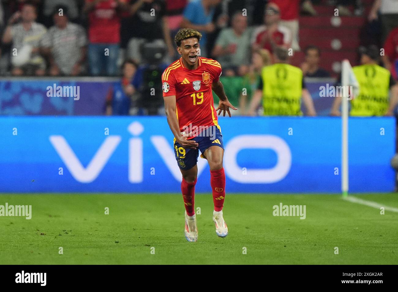 Spain's Lamine Yamal celebrates after scoring their side's first goal ...