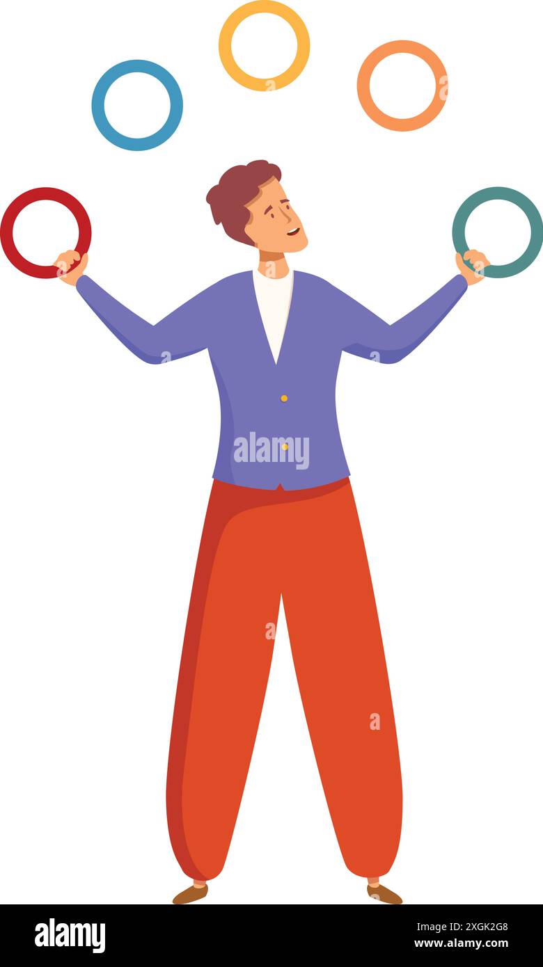 Male juggler wearing bright costume juggling rings, circus performer ...