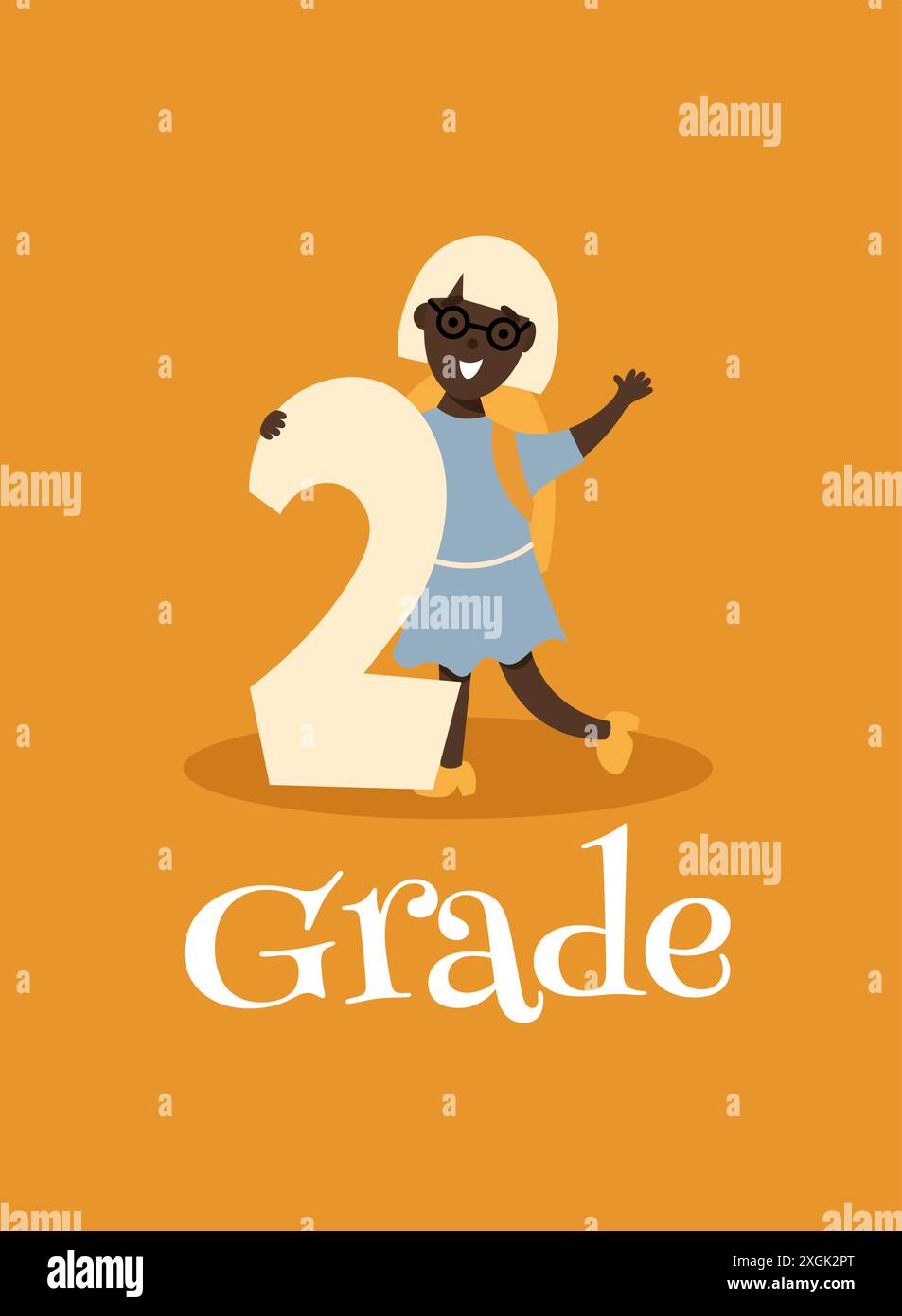 Back to school. Little girl holding on to the big number two. Template ...