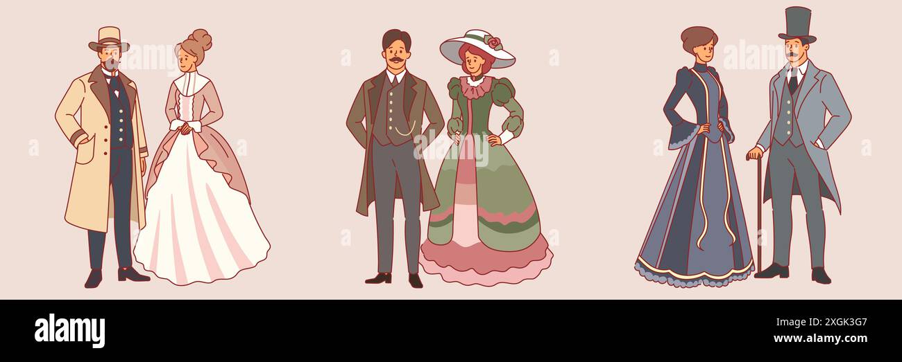 Gentlemen and ladies in vintage clothes. Aristocratic persones, elegant ...
