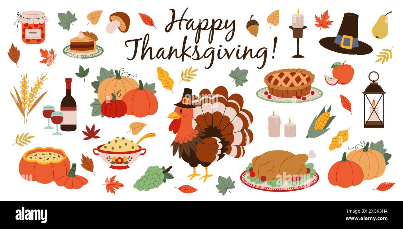 Cartoon thanksgiving day elements. Happy family autumn holiday ...