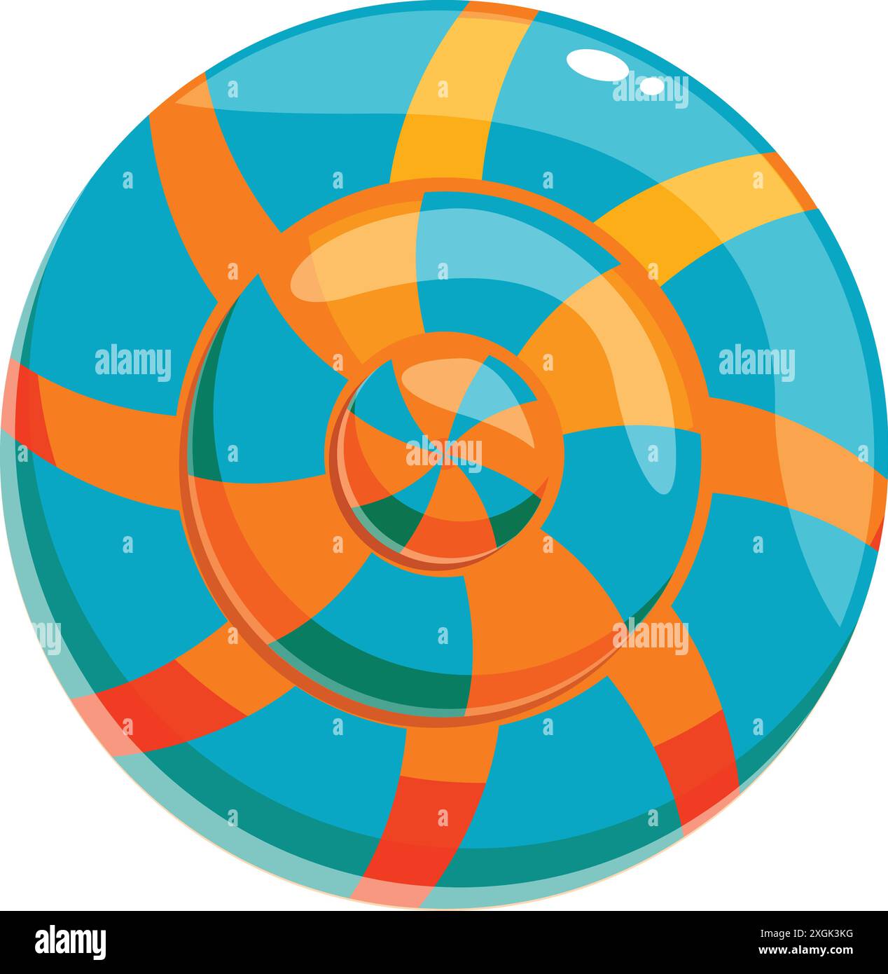 Round candy showing a swirling pattern design in blue and orange Stock ...
